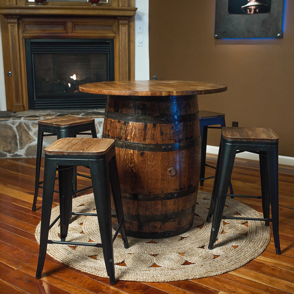 Mystic Barrels Whiskey Barrel Pub Table with 36" Oak Top Handmade Rustic Bar Table Crafted by ...